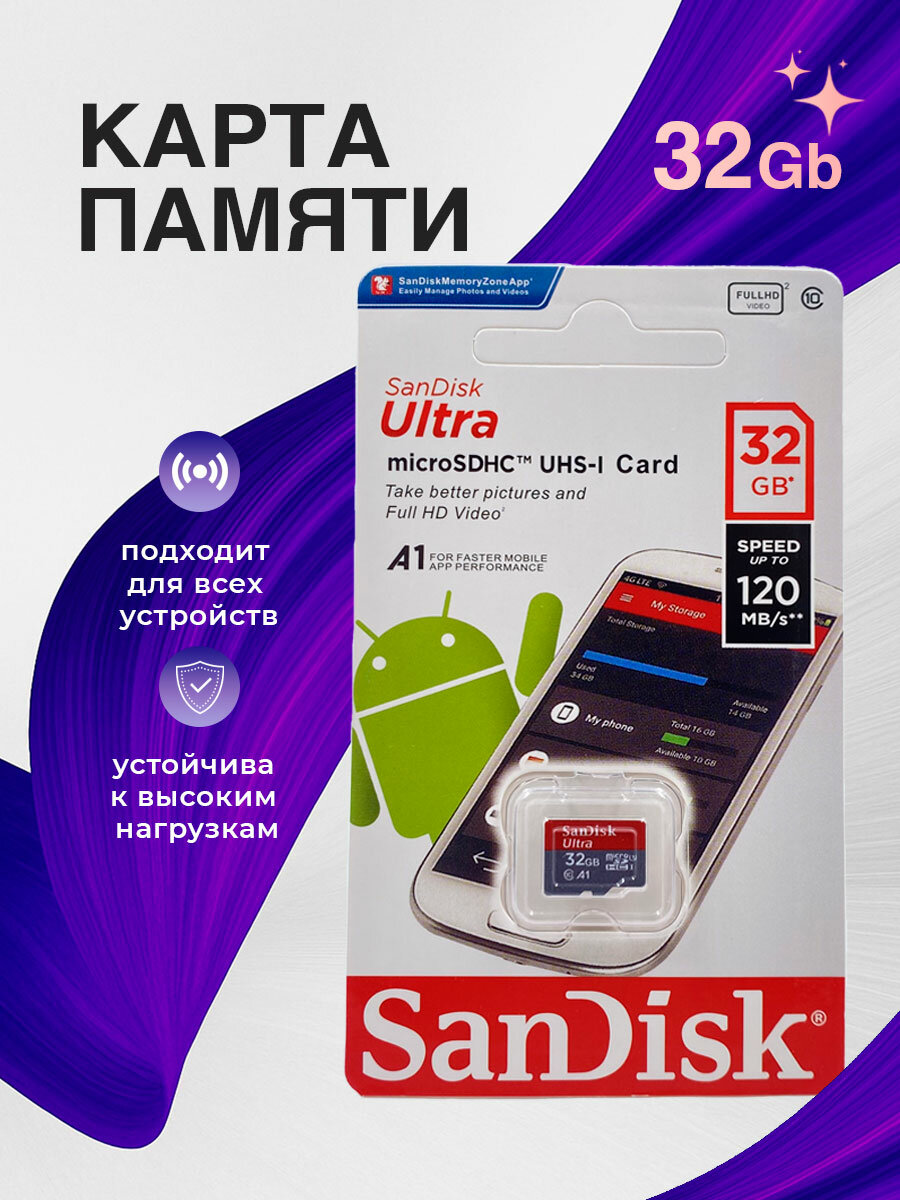 Флеш карта памяти SanDisk Micro SD 32 ГБ | 10 class speed для всех видов устройств