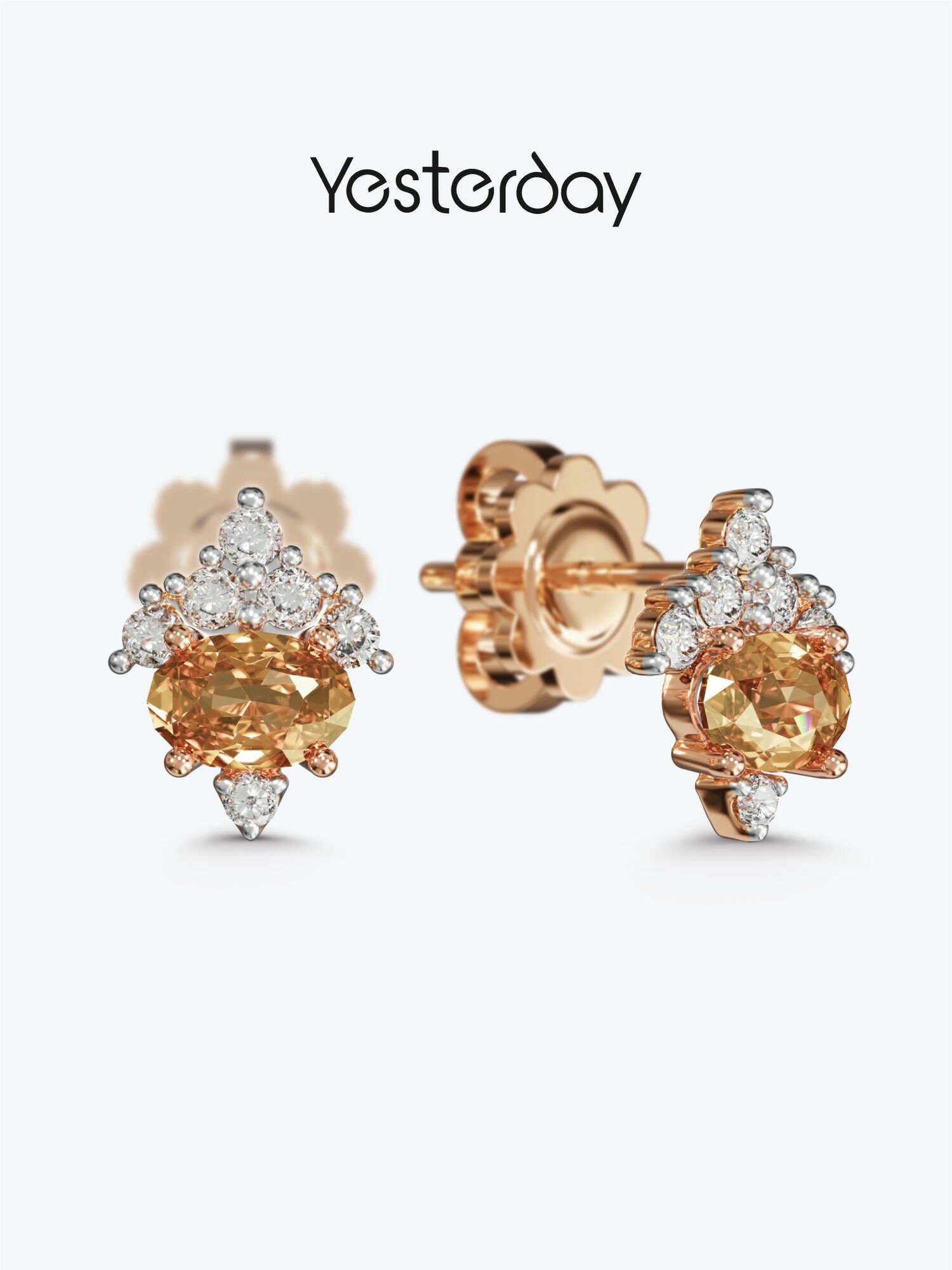Серьги пусеты Yesterday, красное золото, 585 проба, фианит, цитрин, длина 0.96 см, , белый, золотистый, желтый — фото 1