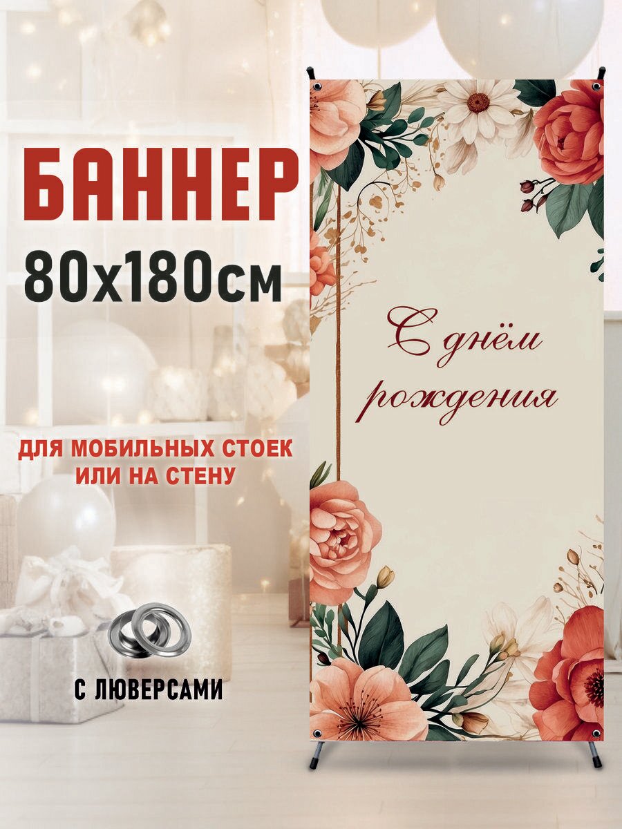 Фотозона баннер цветочный фон С днем рождения 80х180см