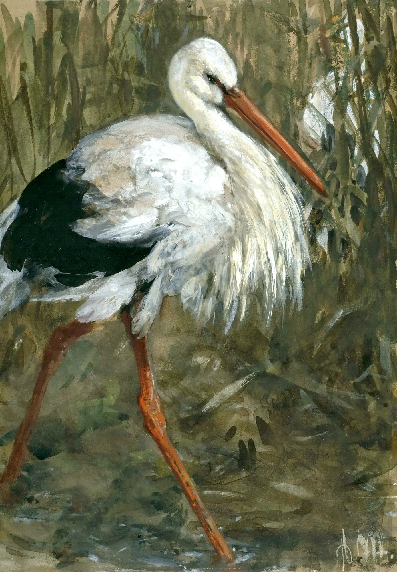 Картина Адольфа Менцеля Аист в камышах 55х80 см