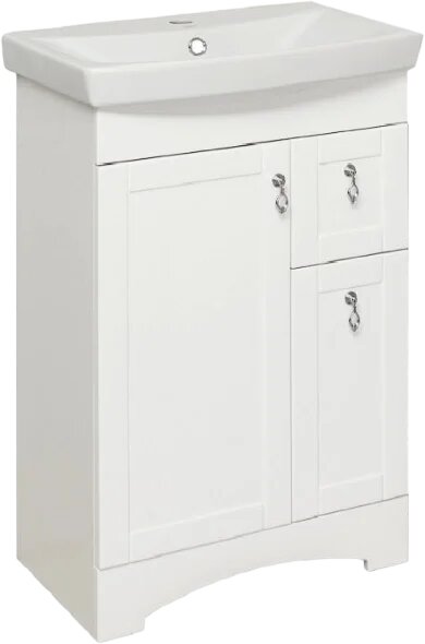 Тумба под раковину без столешницы Runo Мерида 55 напольная, белая, глянцевая, из МДФ, тумба для ванной, с ящиками, с дверками