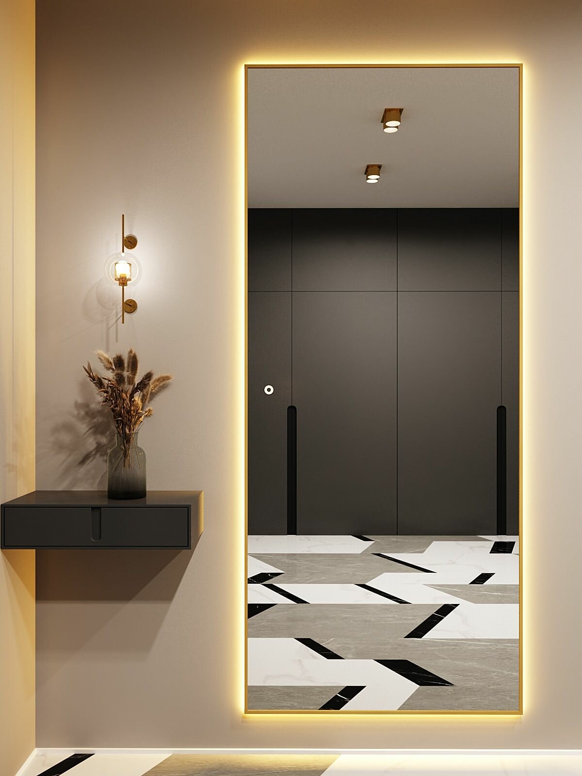 Зеркало настенное 200х80 см. BLX MIRROR с подсветкой сенсорное в алюминиевой раме, Золото