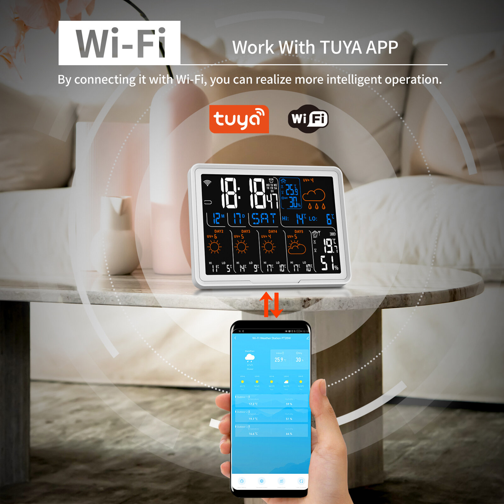 Беспроводная метеостанция с Wi-Fi для дома и улицы, гигрометр, термометр, беспроводной датчик температуры, подсветка дисплея влажности, монитор цифровой прогноза погоды, часы с будильником, USB-порт.