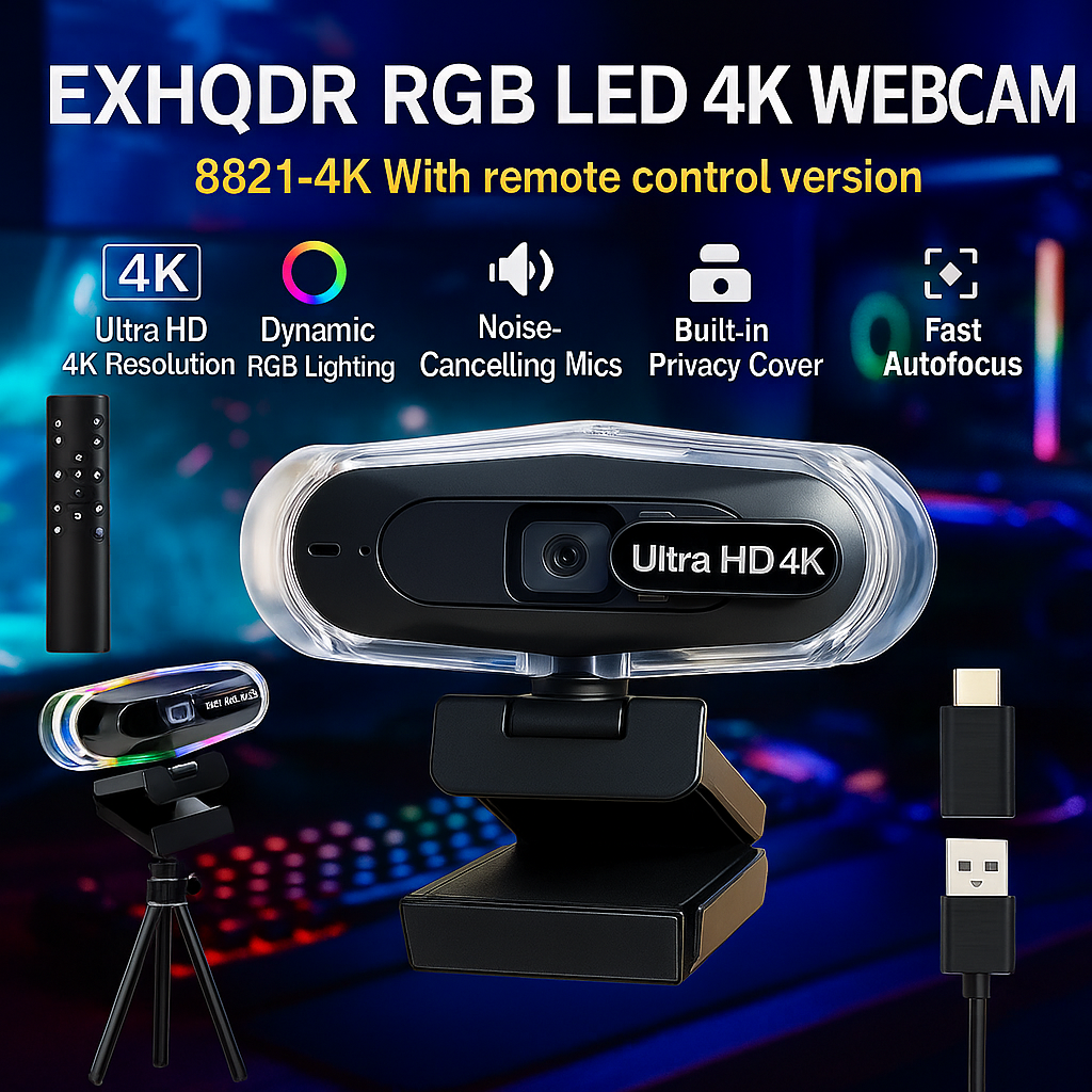 Веб-камера 4K с автофокусом, RGB подсветкой и микрофоном с шумоподавлением