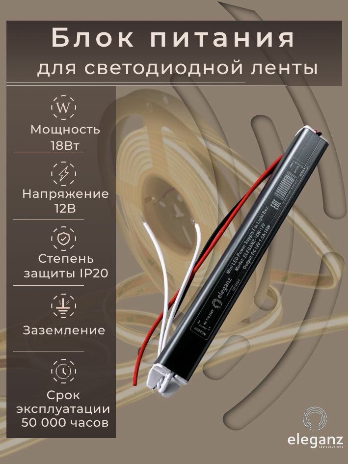 Блок питания для светодиодной ленты 12V карандаш "Eleganz 18W", IP20 1шт.