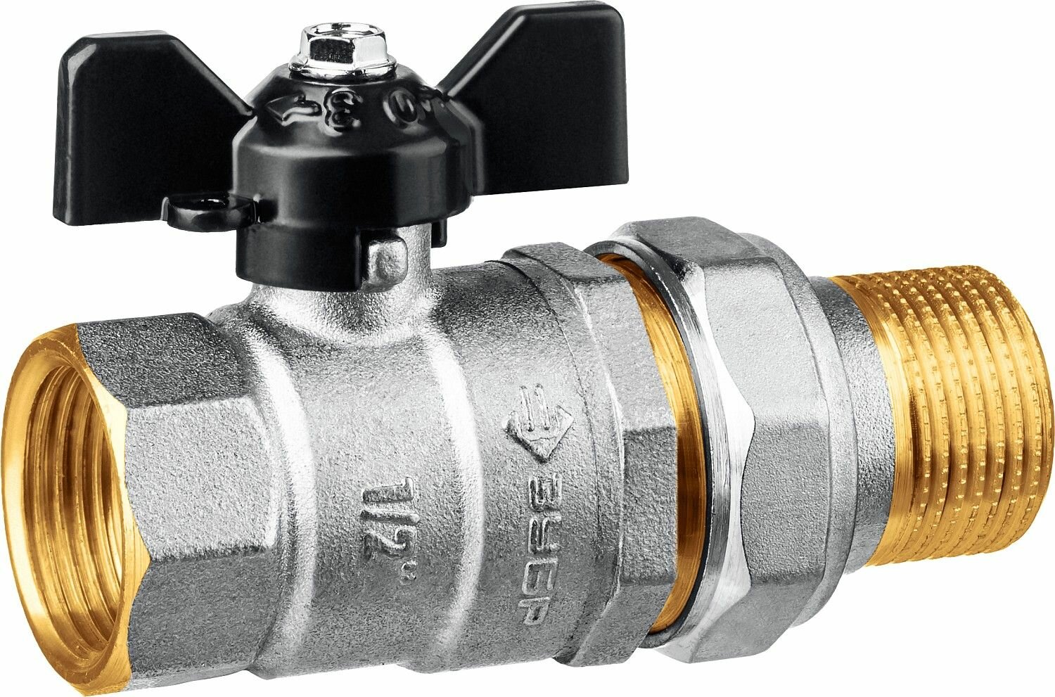 Полнопроходной шаровой кран ЗУБР d 1/2", ручка-бабочка, мама-папа, накидная гайка 51321-1/2