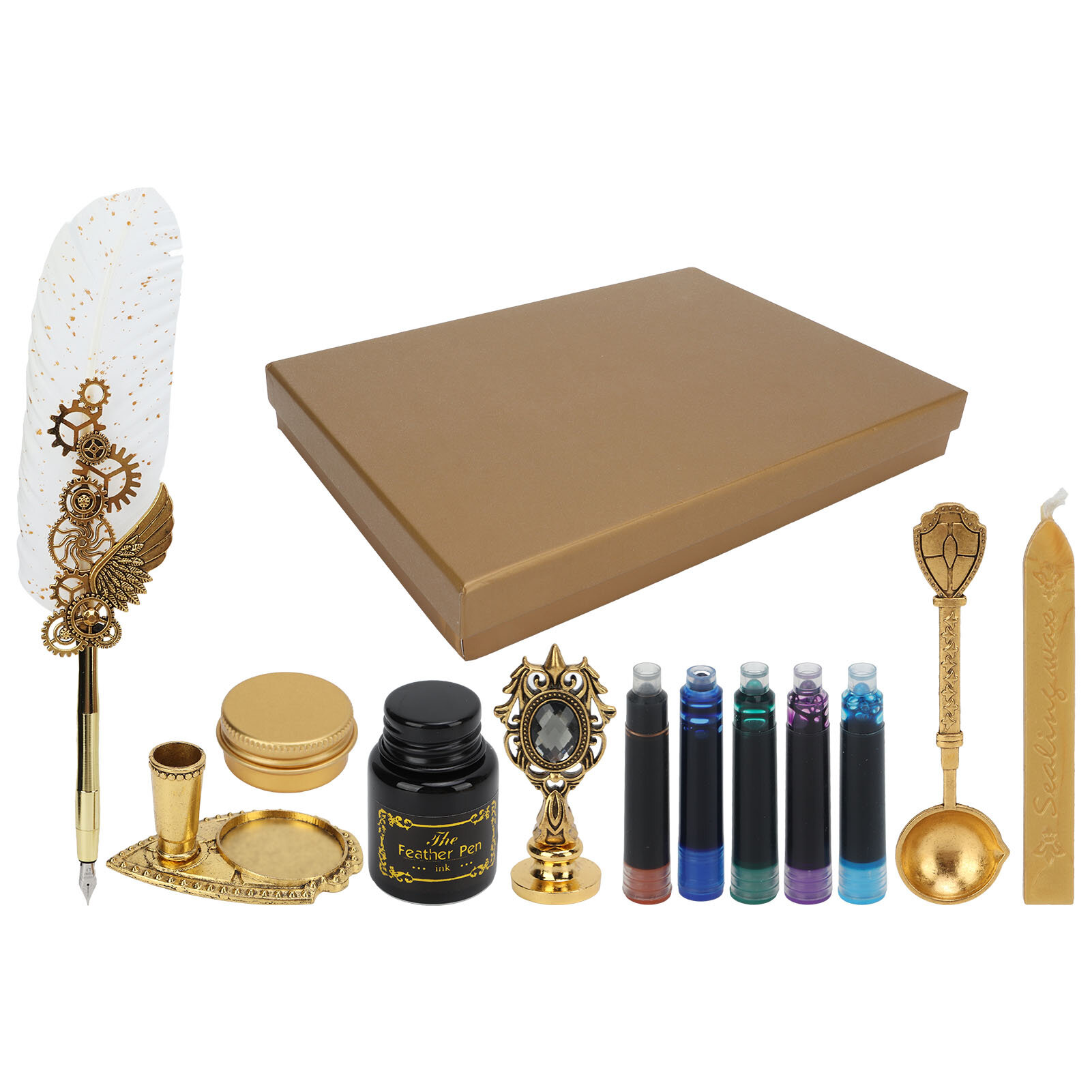 Перо пера бизнес -огненная лаки из лакаина европейская ретро -стиль разбрызгивая золотая пера из нержавеющей стали набор с чернильным мешочком белый