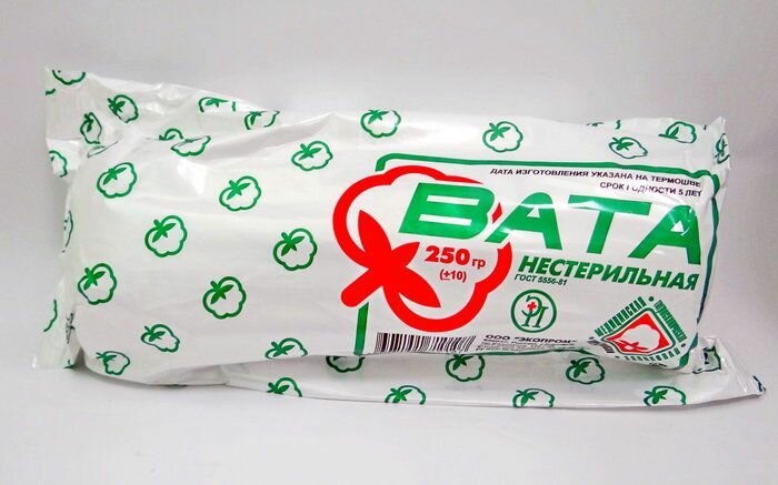 Хирургическая вата ЭкоПром нестерильная, в пакете, 250+-10 г