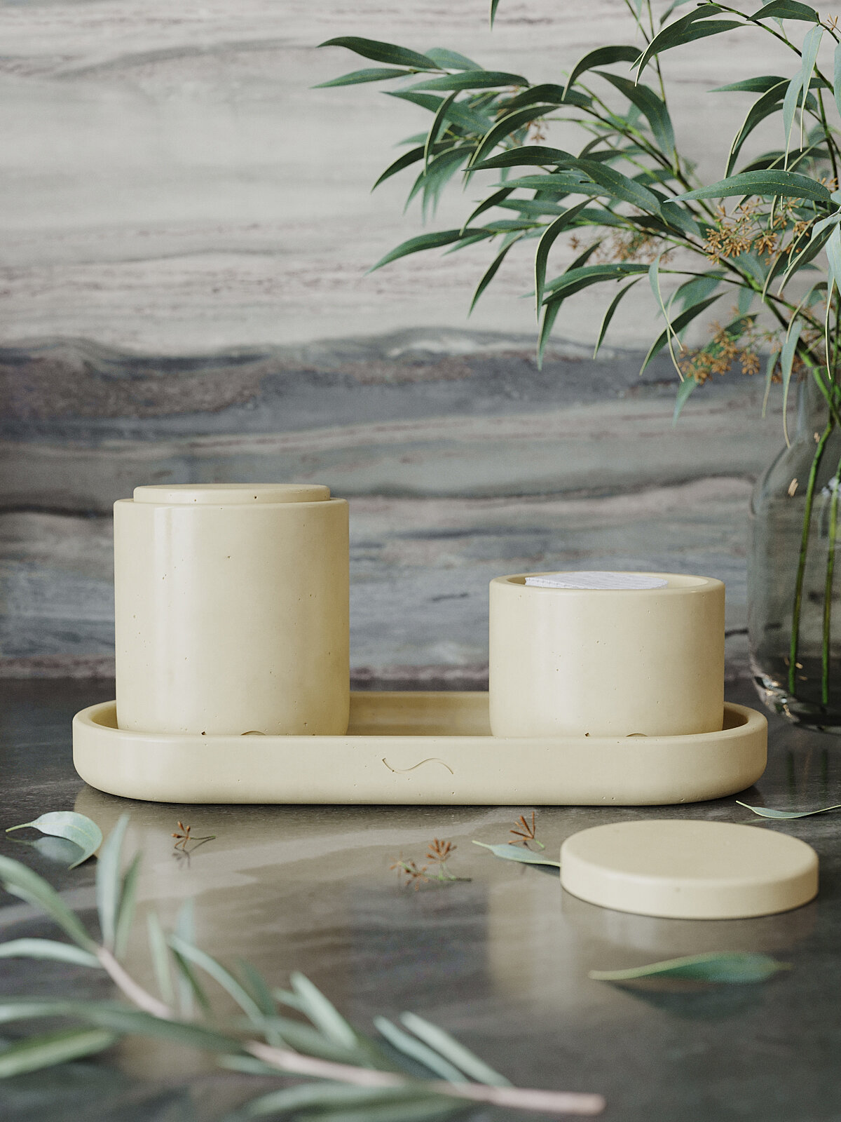 Набор для ванной №11 (поднос S, 26х11 см, подставки для ватных палочек и дисков XS + S), бетон, кремовый глянцевый