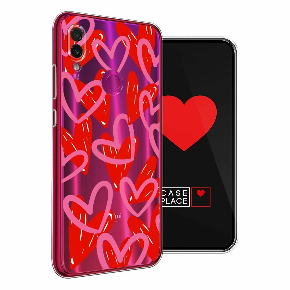 Чехол на Xiaomi Redmi Note 7 / Сяоми Редми Нот 7 с принтом "Hearts doodles - 14 февраля", прозрачный — фото 1