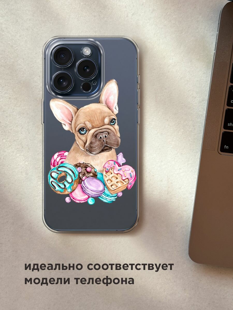 Чехол на Apple iPhone 15 Pro / Айфон 15 Про с принтом "Бульдог и сладости", прозрачный — фото 1