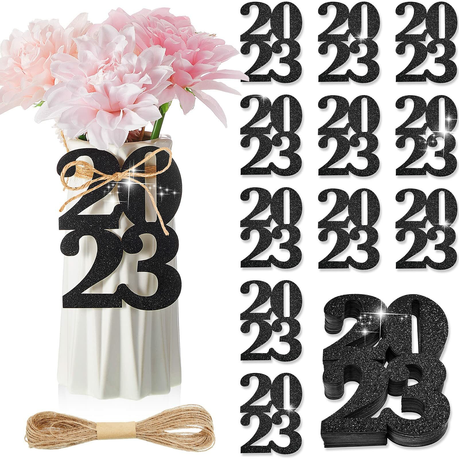 48 штуки Вырезки с Глиттером 2023 Метки Декора Двусторонние Вырезки для выпускного 2023 Центрпраздник выпускного 2023 Новогодние Декорации для выпускного Новогодних Праздников Принадлежности (Черный, 2023), материал глиттерная бумага, размеры 9x12.5см,