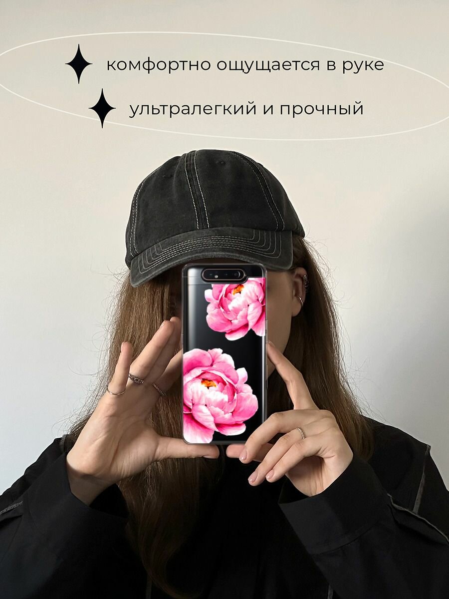 Чехол на Samsung Galaxy A80 / Самсунг Гэлакси A80 с принтом "Open peonies", прозрачный — фото 1
