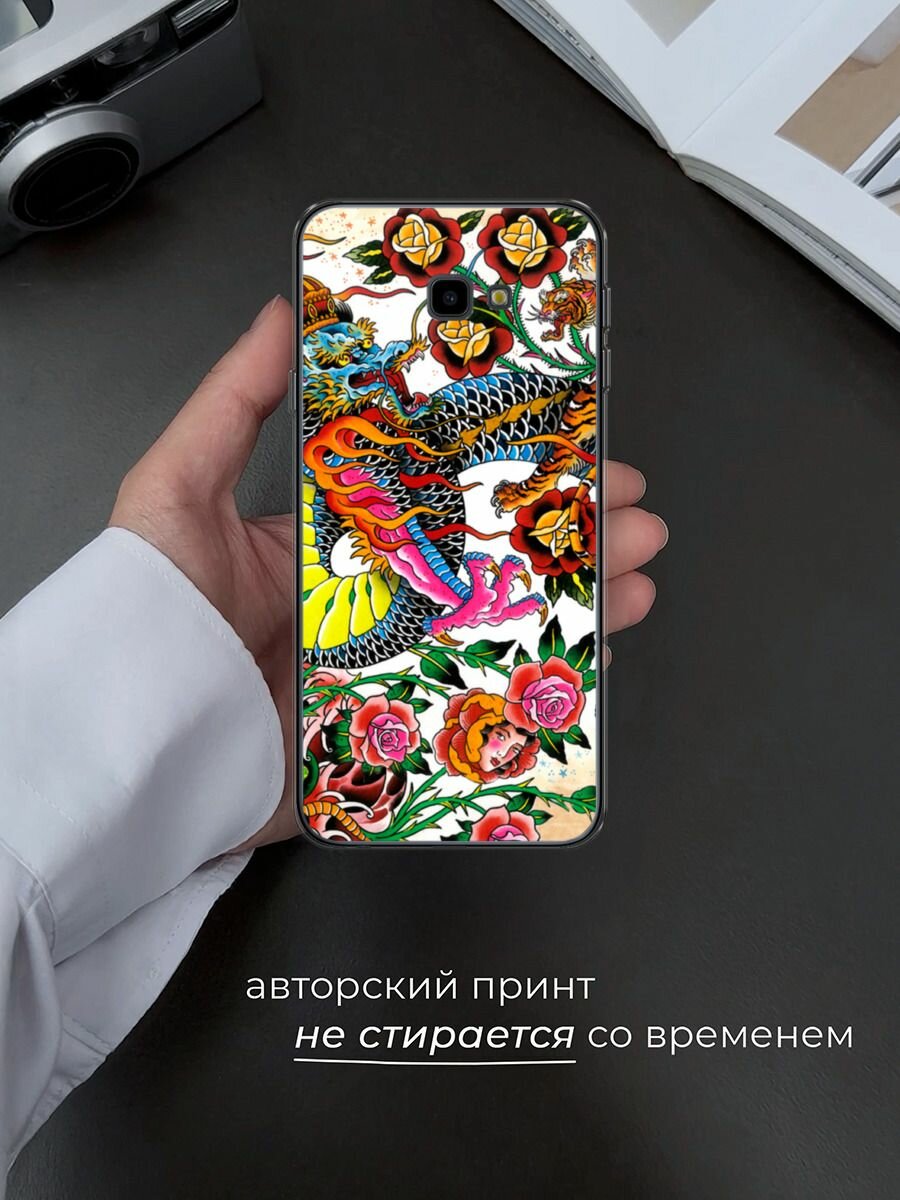 Чехол на Samsung Galaxy J4 Plus 2018 / Самсунг J4 Plus 2018 с принтом "Дракон в цветах" — фото 1