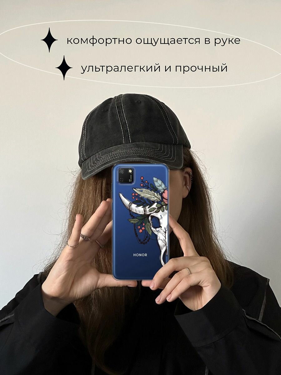Чехол на Honor 9S/Huawei Y5p / Хонор 9S/Хуавей Y5p с принтом "Череп быка с цветами", прозрачный — фото 1