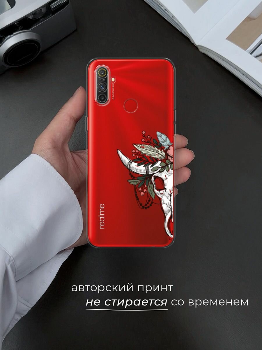 Чехол на Realme C3 / Реалми C3 с принтом "Череп быка с цветами", прозрачный — фото 1