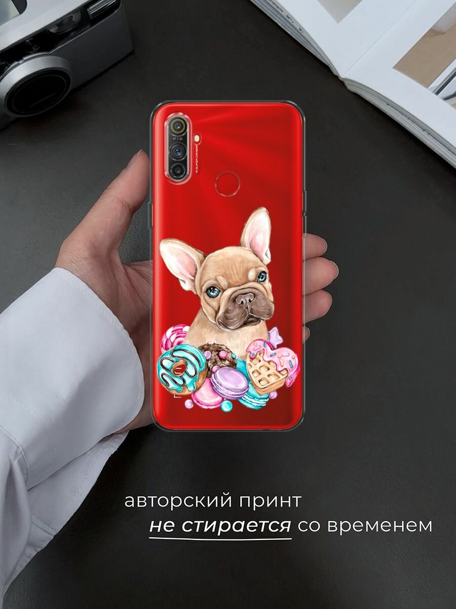 Чехол на Realme C3 / Реалми C3 с принтом "Бульдог и сладости", прозрачный — фото 1