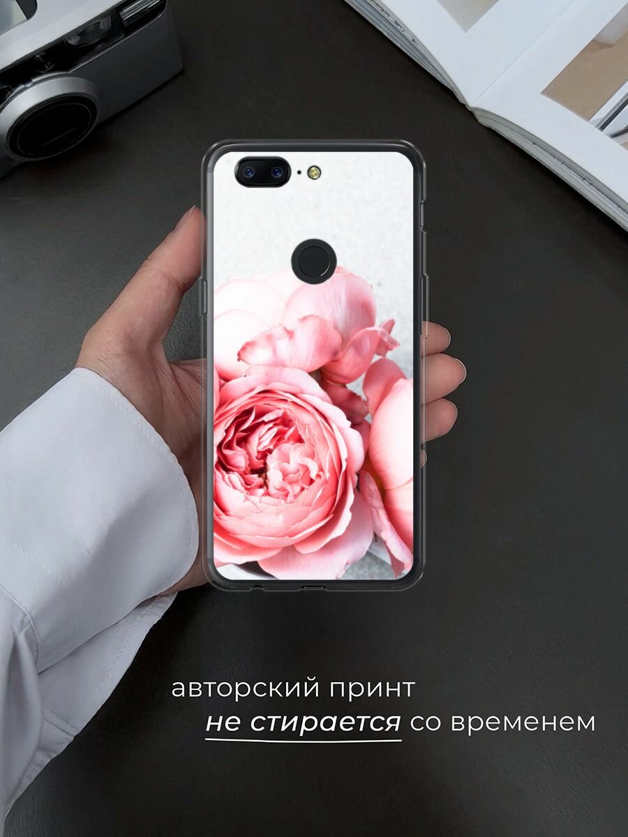 Силиконовый чехол на OnePlus 5T / ВанПлюс 5Т с принтом "Пионы на белом" — фото 1