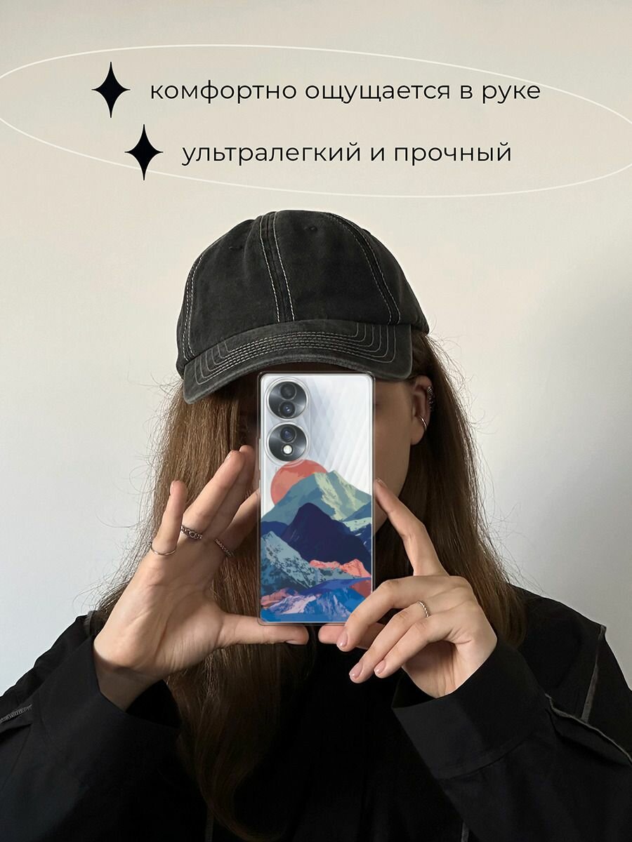 Чехол на Honor 70 / Хонор 70 с принтом "Закат в снежных горах", прозрачный — фото 1