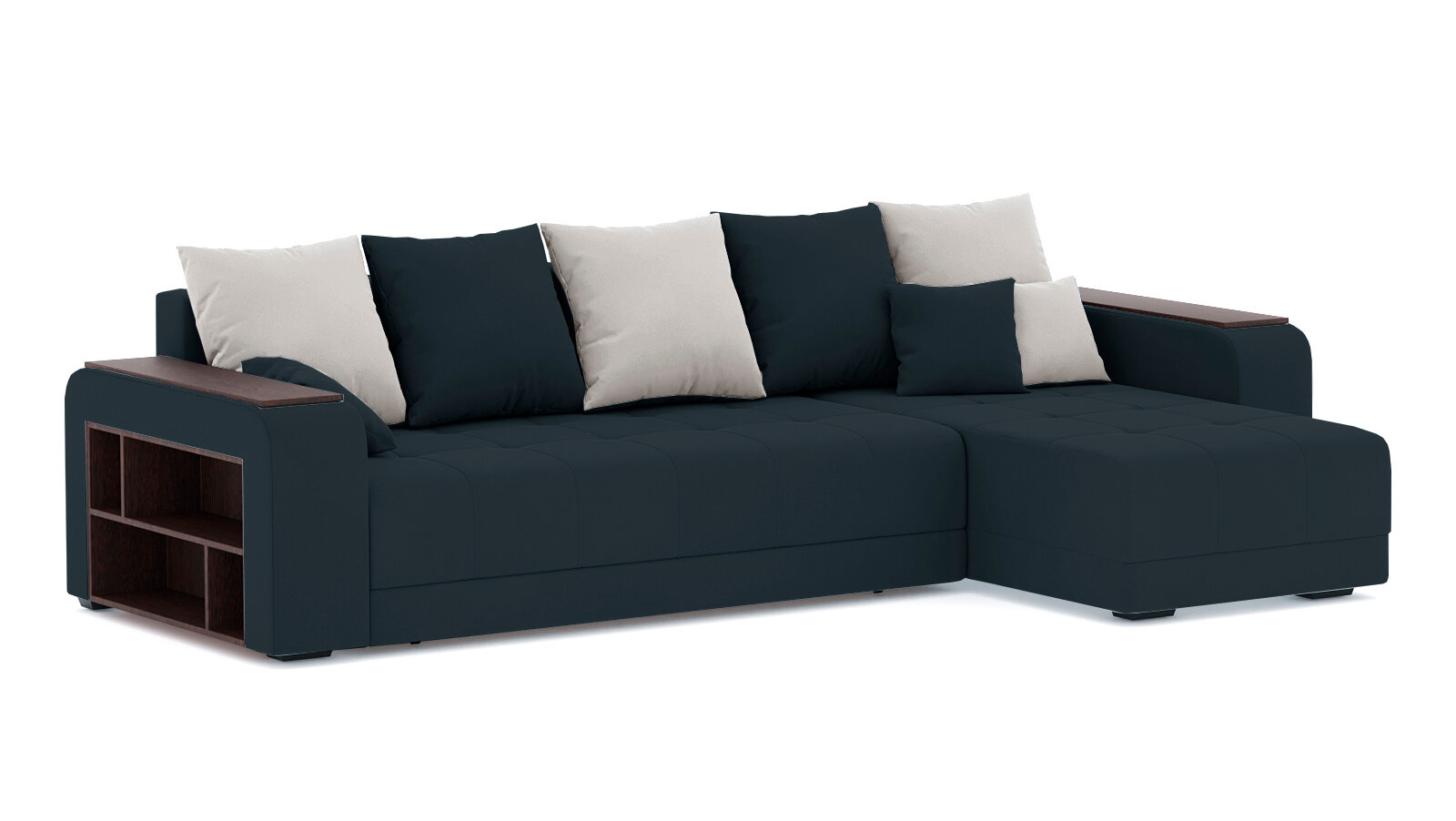 Угловой диван кровать Дубай, угол универсальный, полки в подлокотнике, велюр Галакси Дарк Блю 19/Велюр Галакси Ивори 01