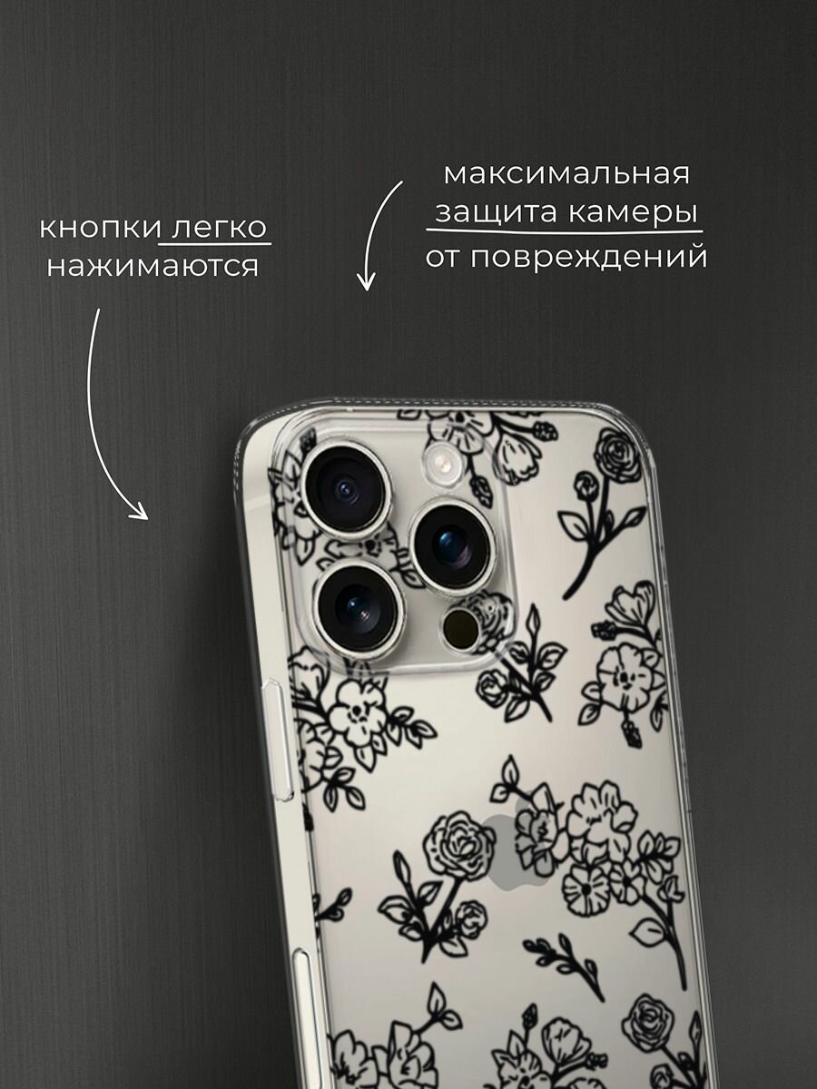 Чехол на Apple iPhone 16 Pro / Айфон 16 Про с принтом "Черные розы паттерн", прозрачный — фото 1