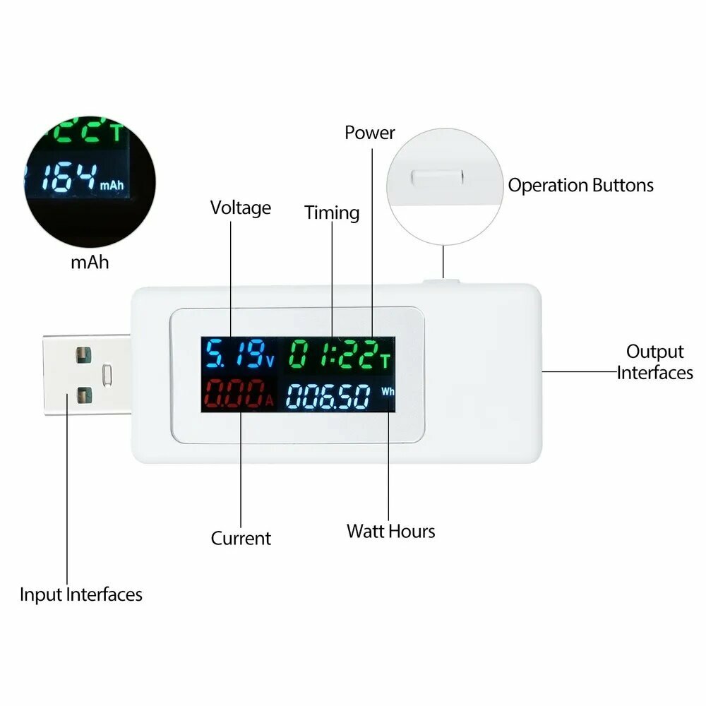 Многофункциональный USB-тестер KWS-V30 с цветным экраном: измеритель напряжения 4-30В, тока 0-6.5А и мощности до 195Вт с