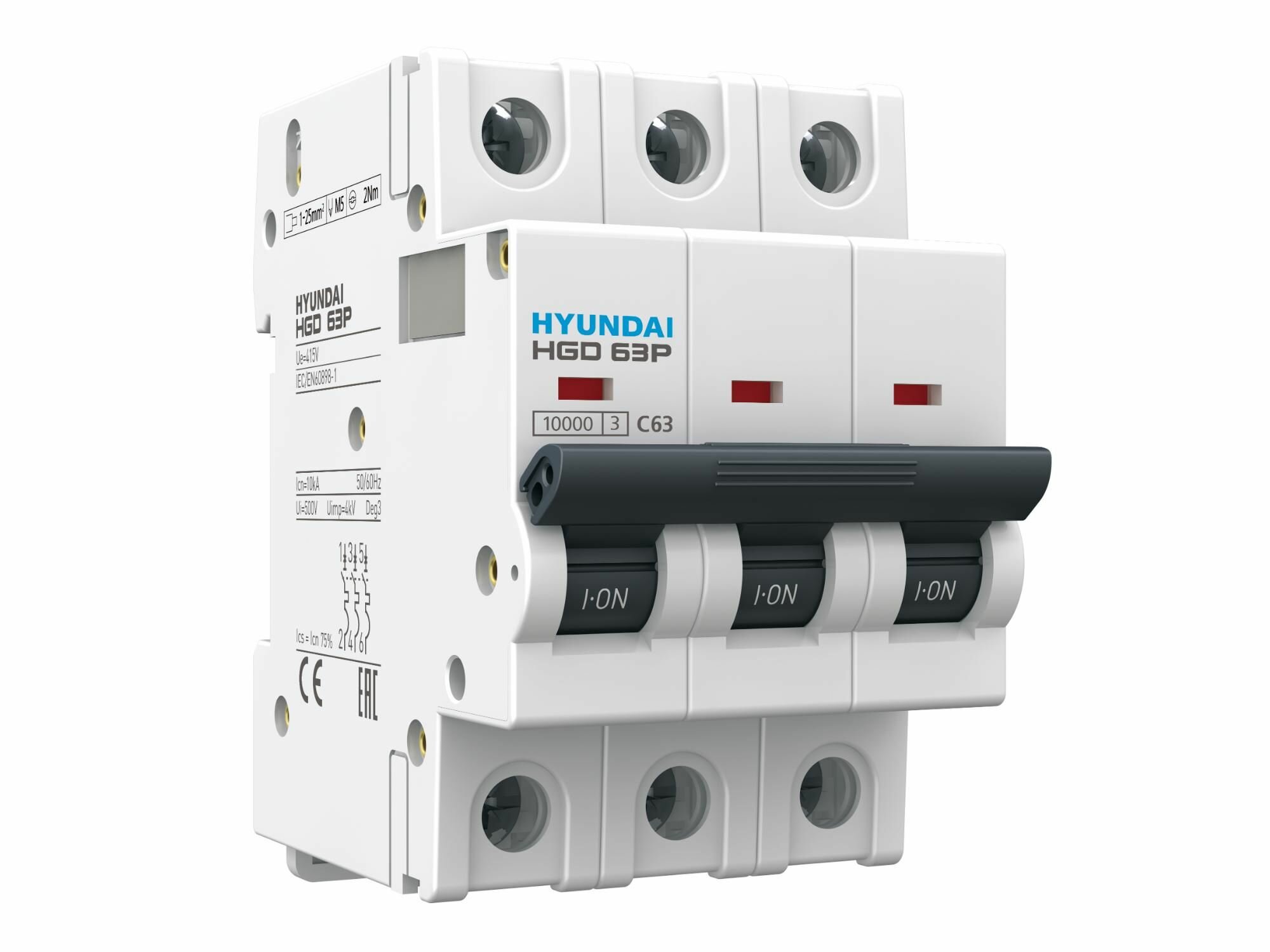 Автоматический выключатель HYUNDAI ELECTRIC модульный, трехполюсный, 10 А, 10 кА, С, HGD