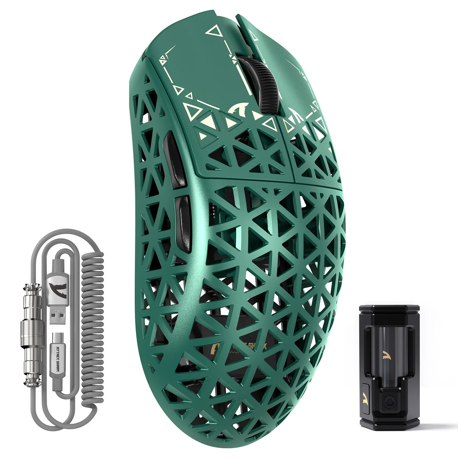 Беспроводная игровая мышь ATTACK SHARK R5Ultra из углеродного волокна 8K PAW3950MAX со спиральным кабелем 8K, Green
