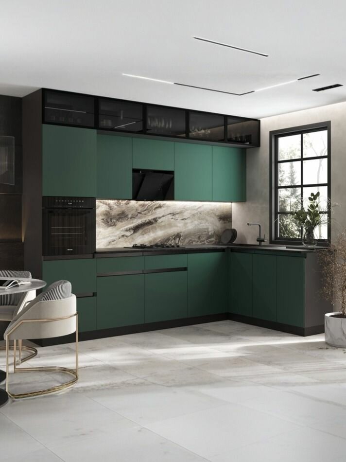 Кухонный гарнитур угловой Техно-6 3м браш мени грин со столешницей