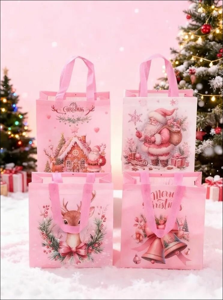 Рождественские розовые сумки из нетканого материала, 4шт, 23*22*11см