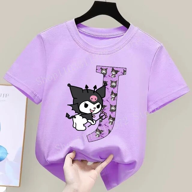 Детская футболка Sanrio Kuromi с милым мультяшным принтом в виде букв AZ и аниме, модная одежда для девочек, топы из хлопка с короткими рукавами для малышей, Размер:120