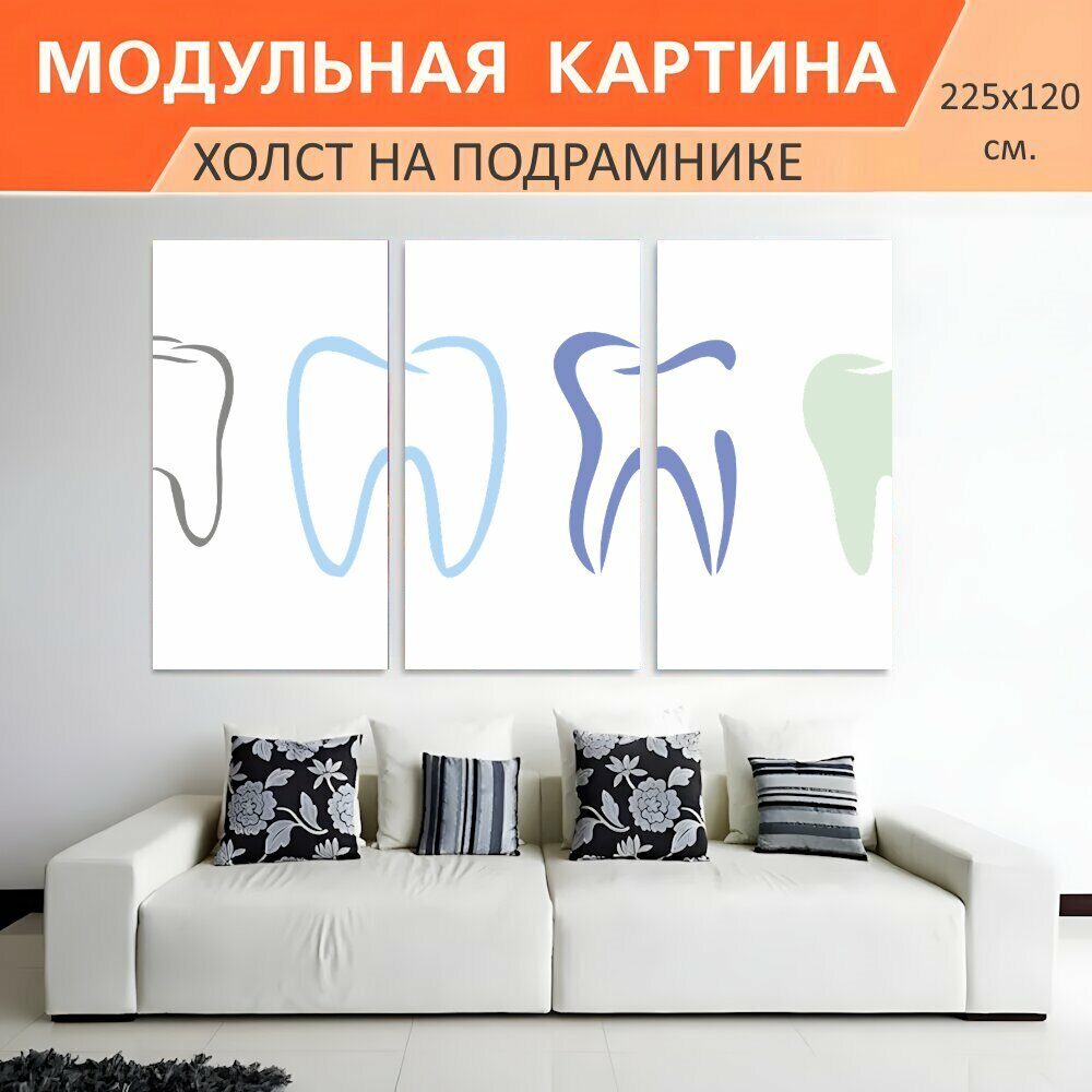 Модульная картина на холсте "Зубы, стоматология, дантист" триптих на подрамнике 225х120 см. для интерьера