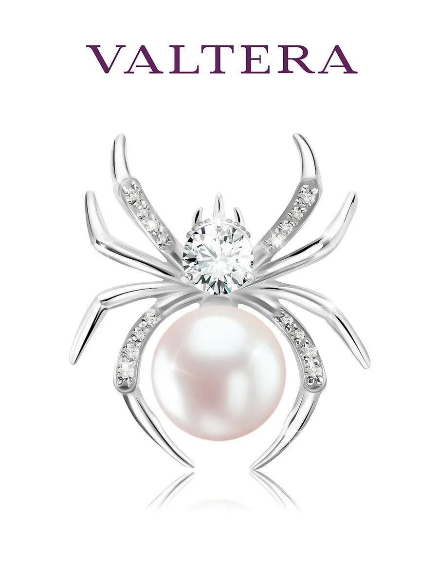 Брошь, серебро, 925 проба, родирование, жемчуг культивированный, фианит