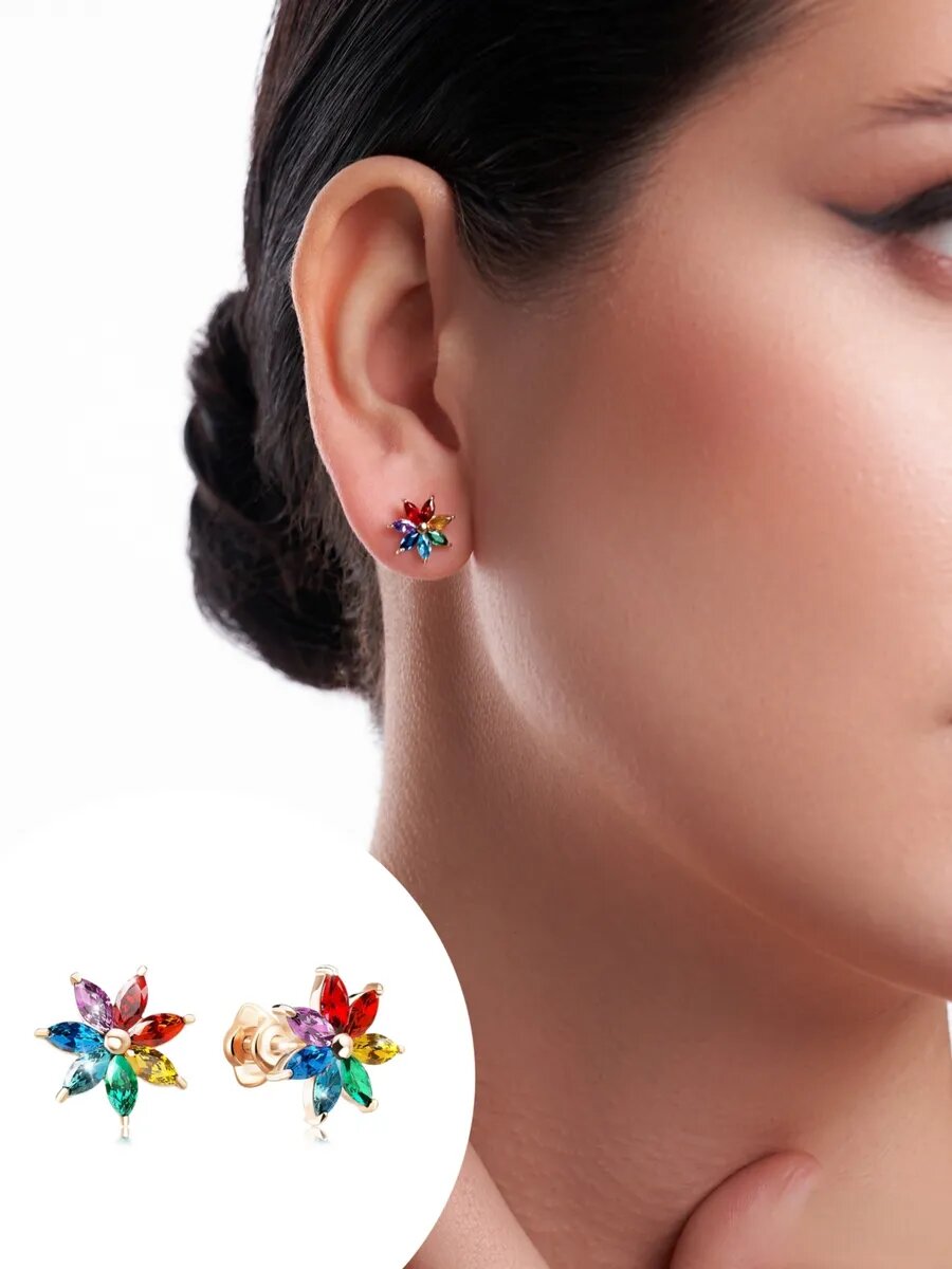 Серьги пусеты, серебро, 925 проба, золочение, фианит