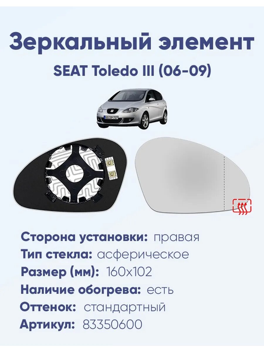 Зеркальный элемент правый SEAT Toledo III (06-09) асферика нейтральный с обогревом