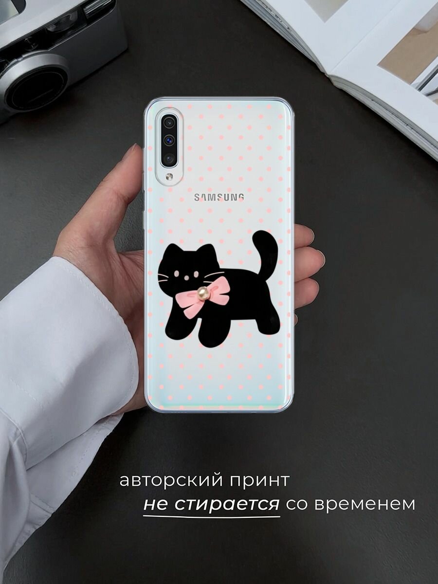 Чехол на Samsung Galaxy A50/A30s / Самсунг Галакси A50/A30s с принтом Черный котик с бантом, прозрачный — фото 1