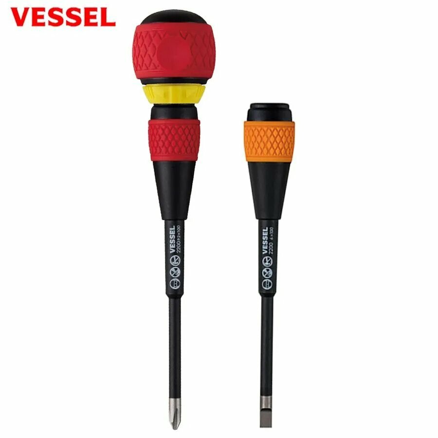 VESSEL Отвертка с храповым механизмом, с шариковой рукояткой с храповым механизмом,2 шт, NO.2200 2X100 + 6X100