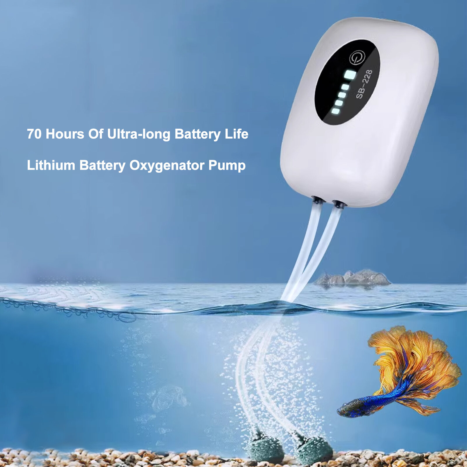 Воздушный насос для аквариума, перезаряжаемый через USB, кислородный насос, барботер для аквариума, высокая емкость, литиевая батарея 4800 мАч, тихая работа, прочная и портативная конструкция, автомат