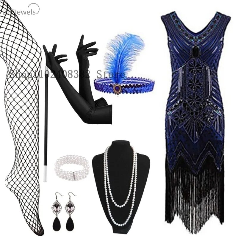 Платье-флаппер 1920-х годов, полиэстер Темно-синий, XL, blue dress set