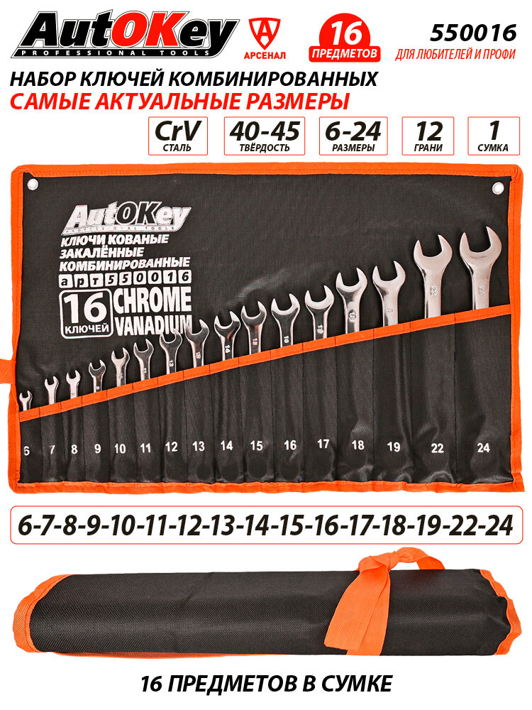 Набор ключей комбинированных 16 предметов в сумке (6-24мм рожково-накидные) AutOKey, 550016