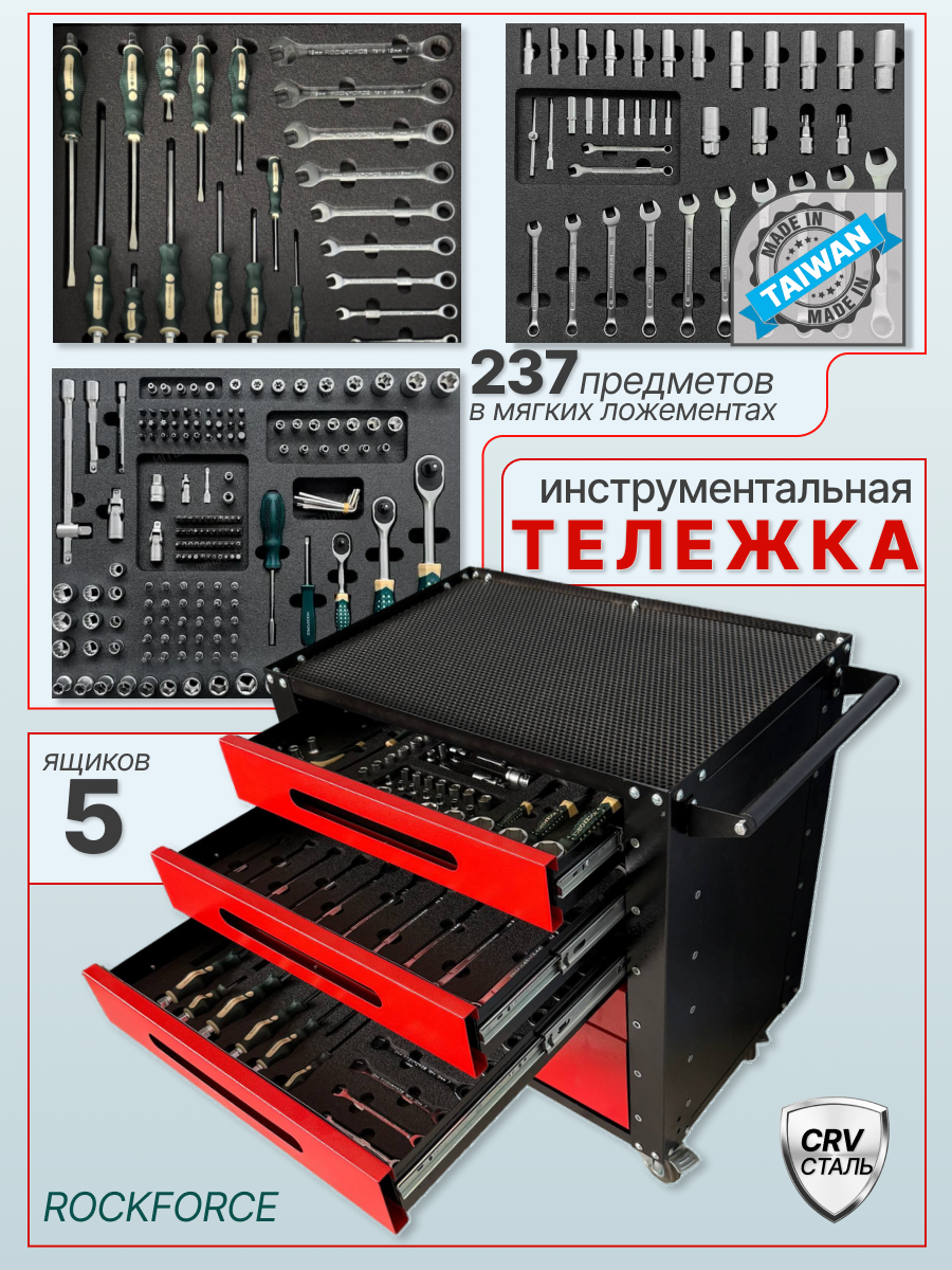 Тележка инструментальная Rock Force с набором инструментом 237 предметов в мягких ложементах, красный