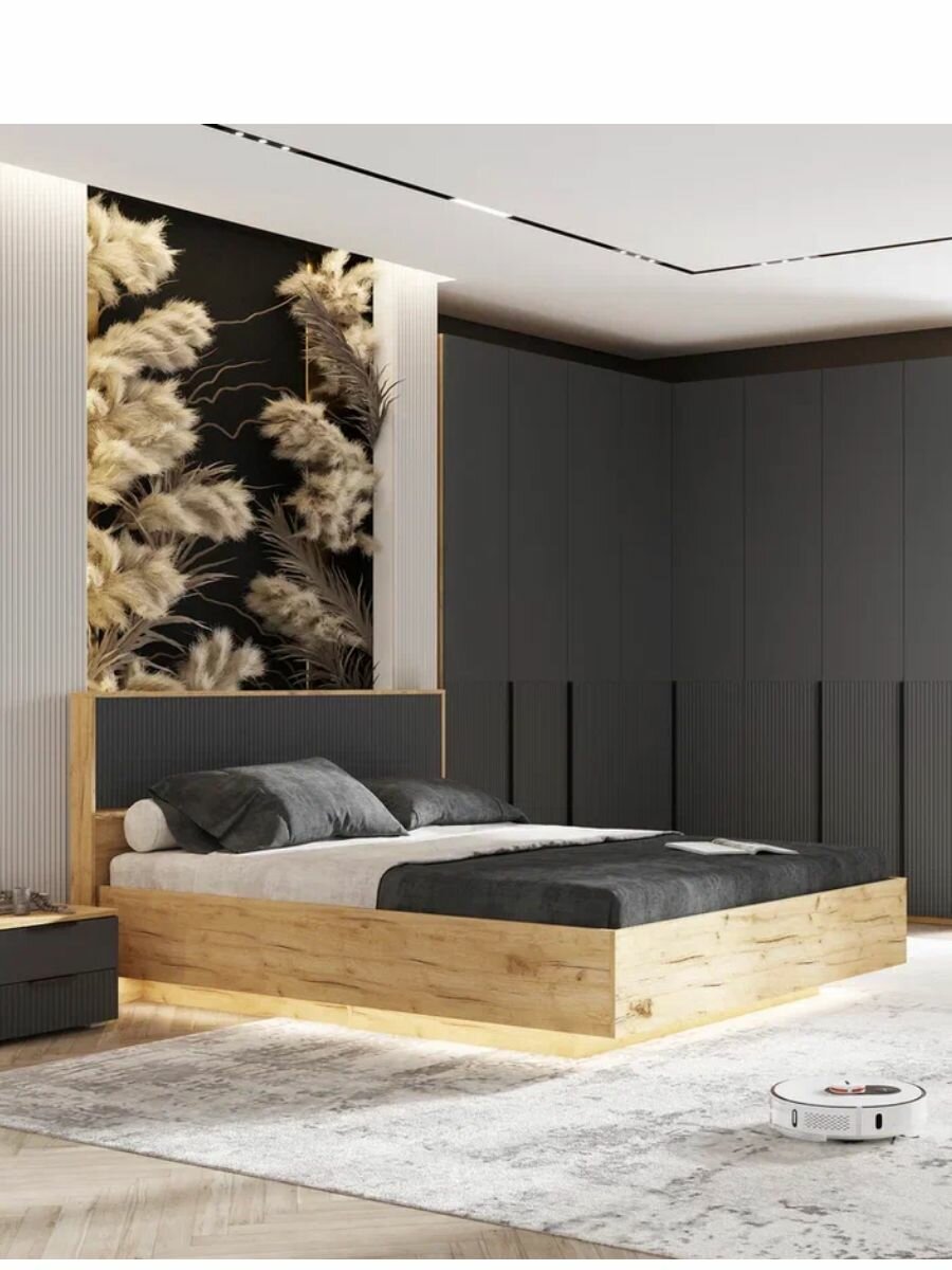 Кровать двуспальная парящая Марвэл 1.6 Дуб крафт/Браш Графит/Дуб крафт, ортопедическое основание, подсветка, МИФ