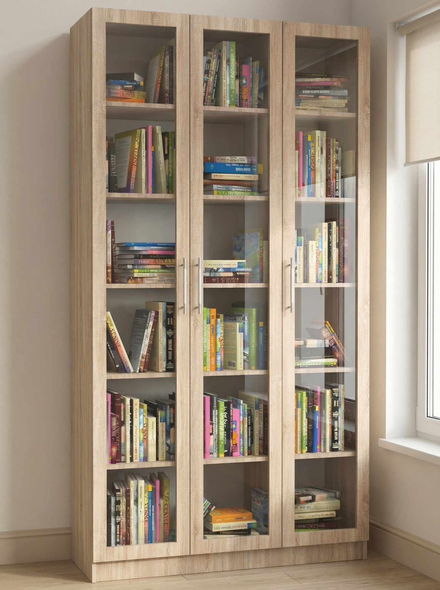 Шкаф книжный трехстворчатый Вита 3-1 с 13 полками, ШхГхВ: 102х38х210 см, дуб сонома