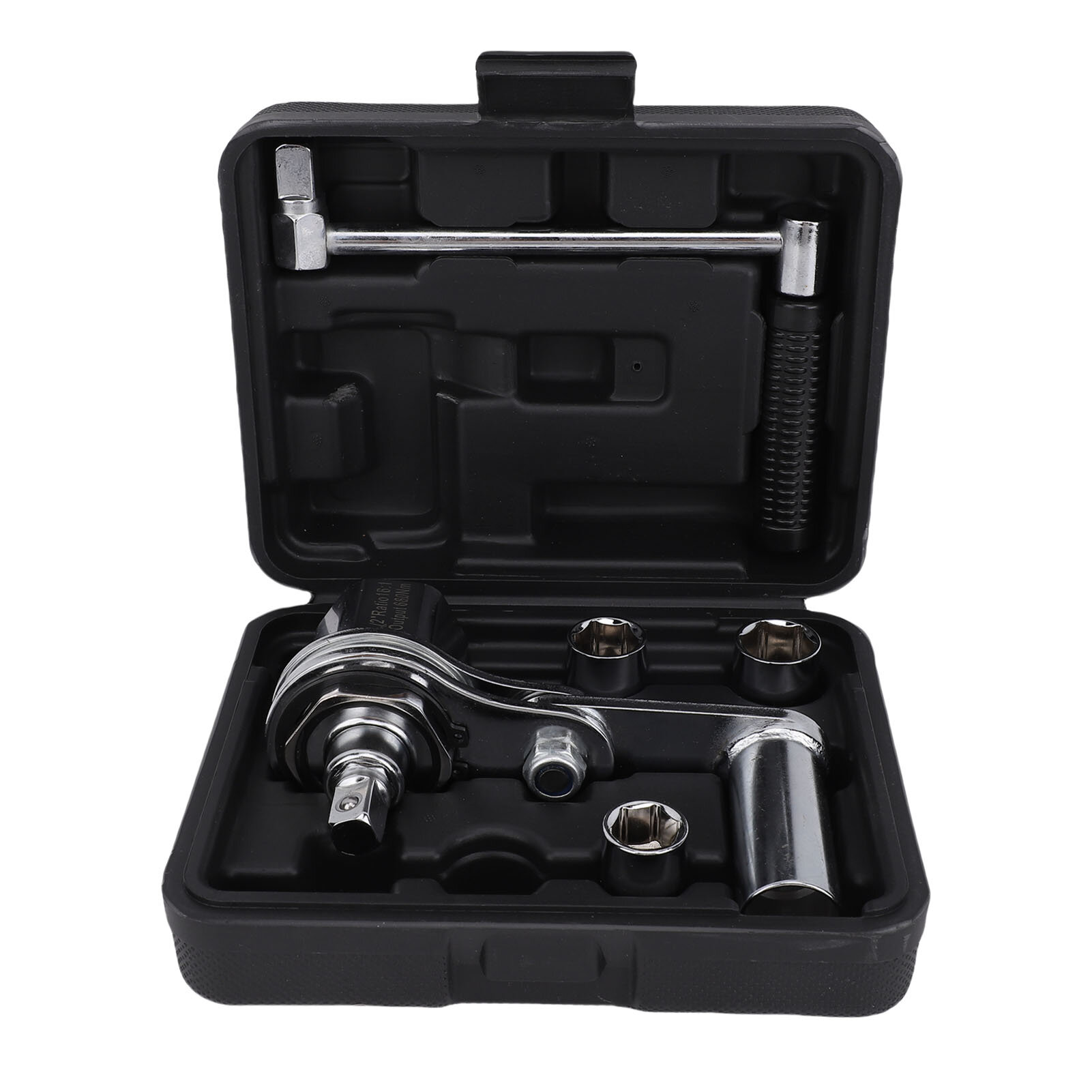 Умножительный торсионный ключ с приводом 1/2 дюйма, передаточное число 1:16, изготовлен из легированной стали 40CR, облегчает снятие колесных гаек и оснащен торцевыми головками 17 мм, 19 мм и 21 мм.