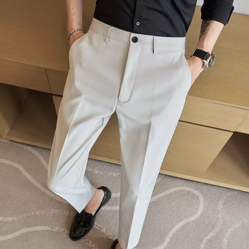 Тренд RONG CH Мужские Костюмные Брюки Кроп Слим Ледяная Шелк Деним, Размер_29