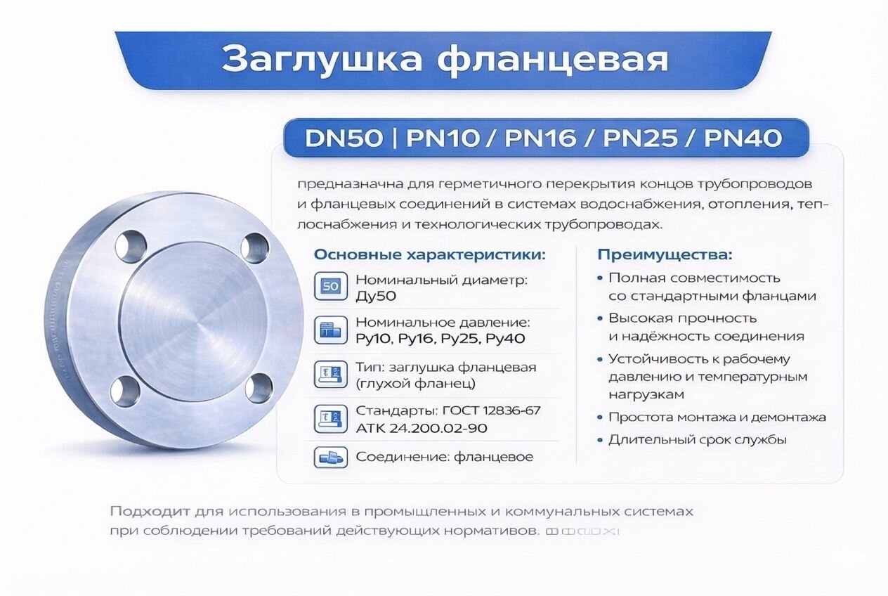 Заглушка фланцевая Ду 50 Ру16 (10,25,40) ВФЗ ГОСТ12836-67 АТК 24.200.02-90