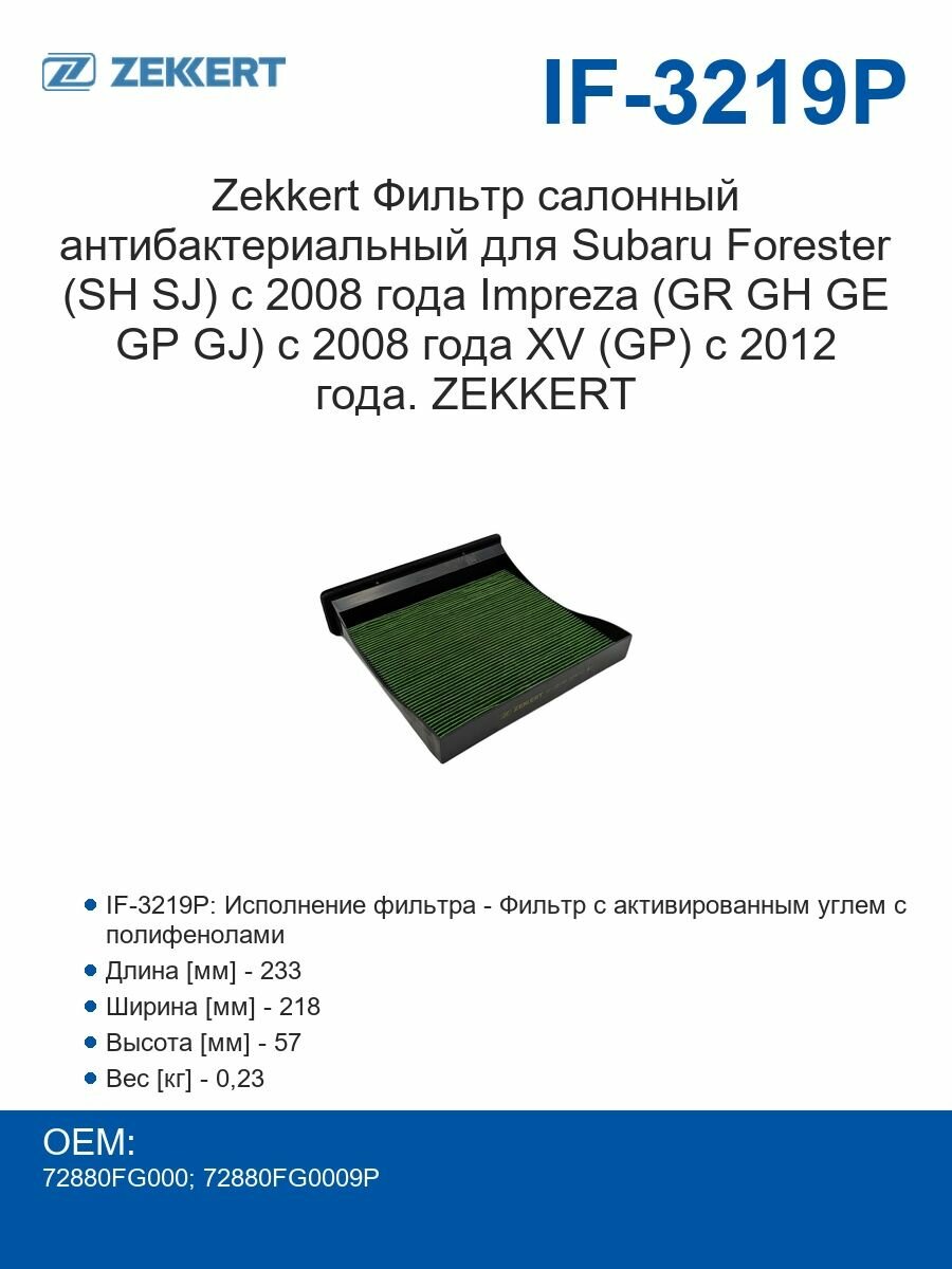 Zekkert Фильтр салонный антибактериальный для Subaru Forester (SH SJ) с 2008 года Impreza (GR GH GE GP GJ) с 2008 года XV (GP) с 2012 года. ZEKKERT
