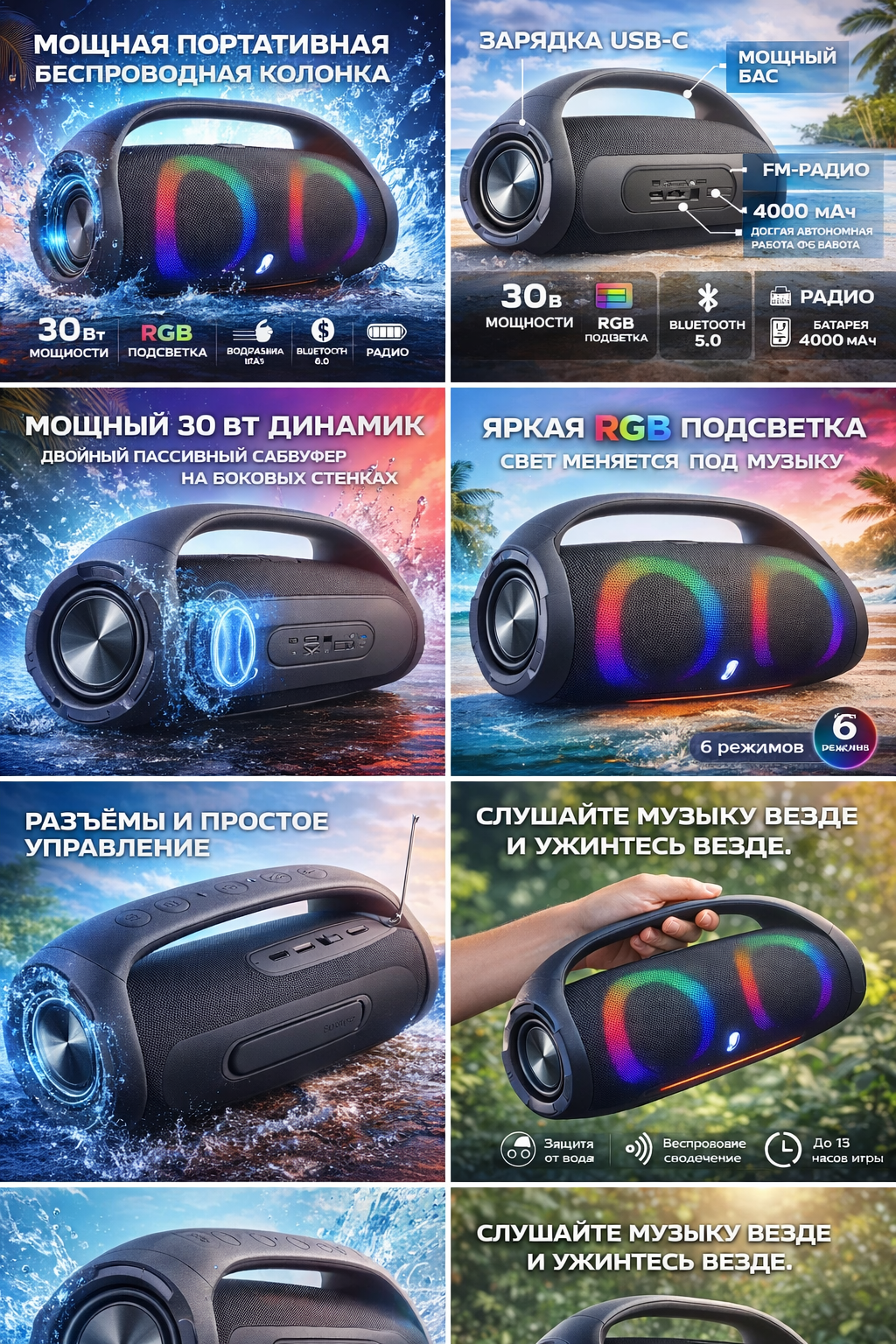Портативная беспроводная Bluetooth-колонка BOOMS BOX 2 с мощным басом и RGB-подсветкой