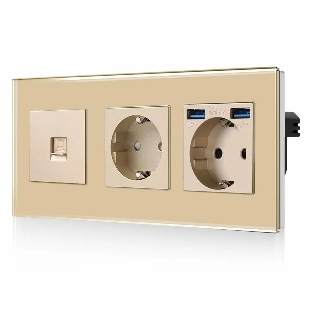 Розетка с USB-портами и интернетом / Rj-45,3 поста, золотая Закаленное стекло.