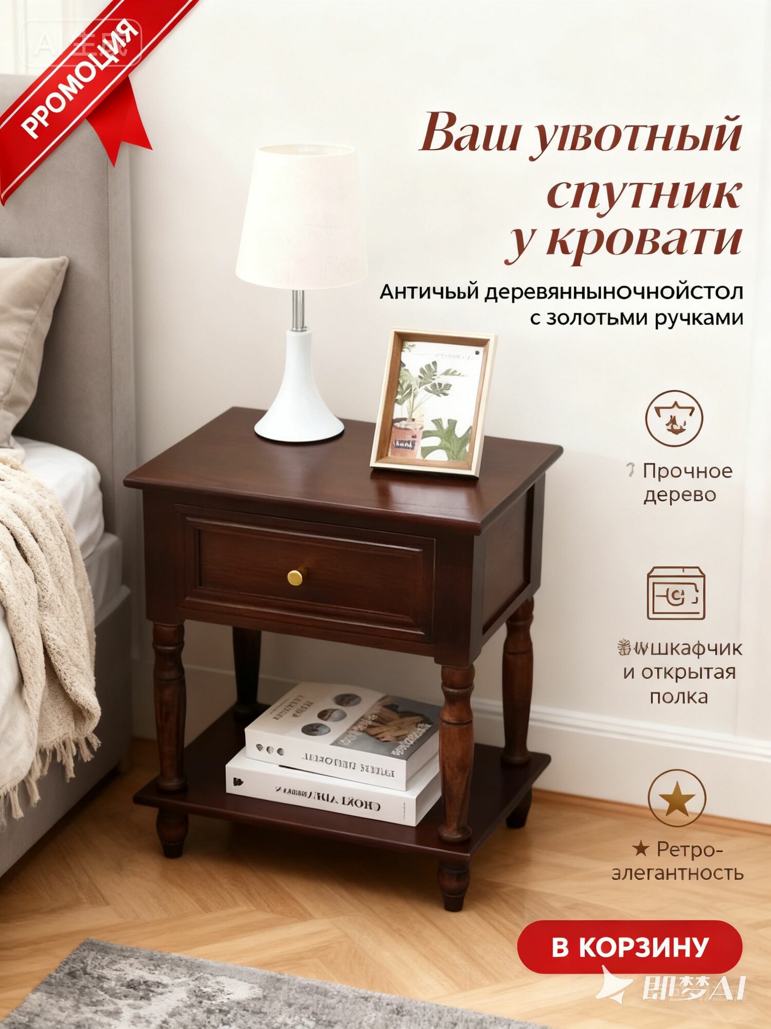 Прикроватный столик тумба, деревянный, темно-коричневый, с выдвижным ящиком и золотой ручкой, ретро стиль, в спальню, с полкой для книг, массив40х30х53cm